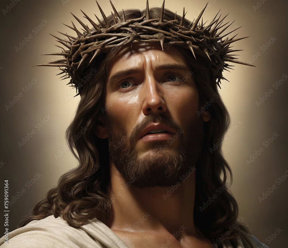 Jesus wearing crown of spike thorns, depicting suffering for the human ...