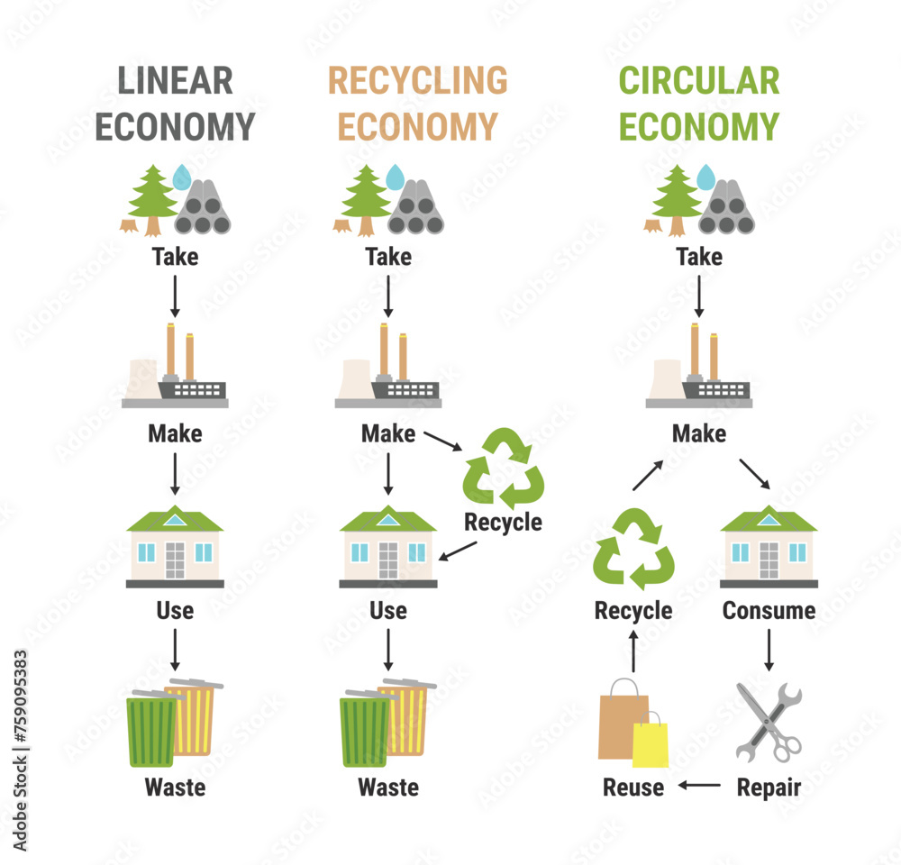 Comparison of linear, recycling and circular economy infographic ...