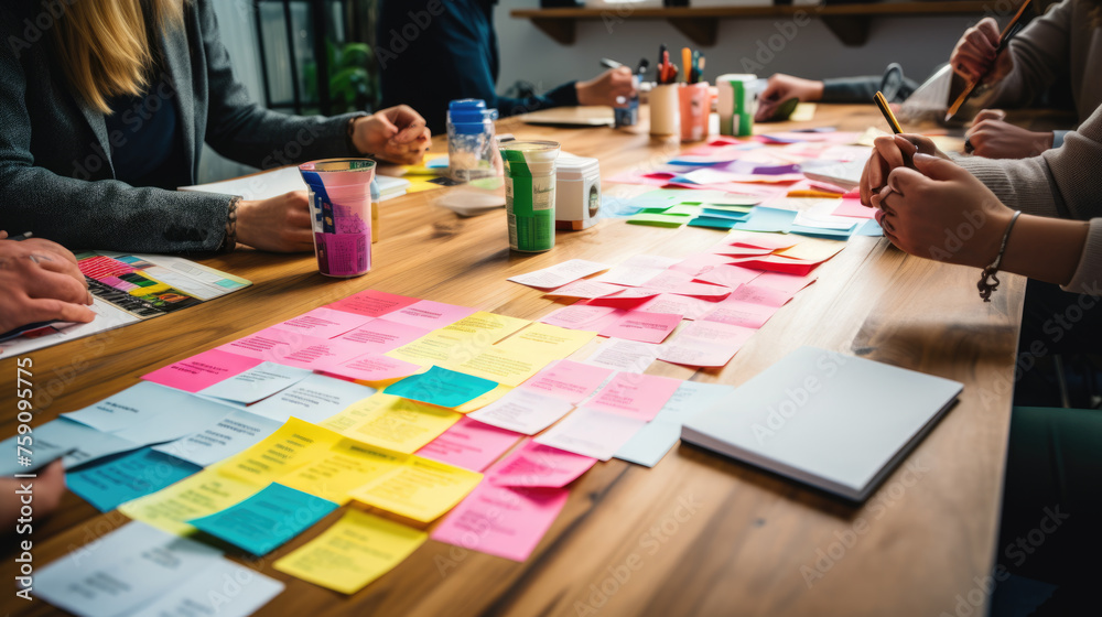 Close-up of a busy brainstorming session with multiple hands, colorful ...