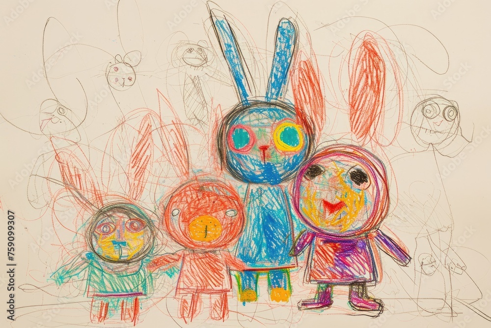 The hand drawing colourful picture of the group of the various type of ...