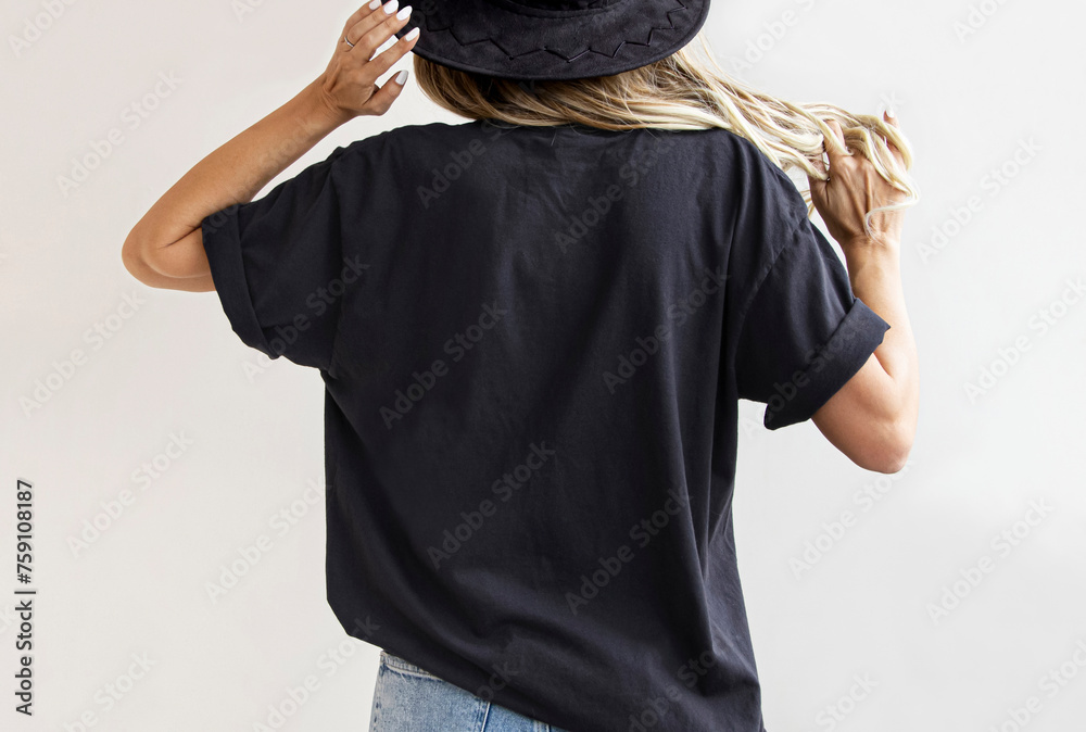 Girl in template blank back black tshirt isolated on white background ...