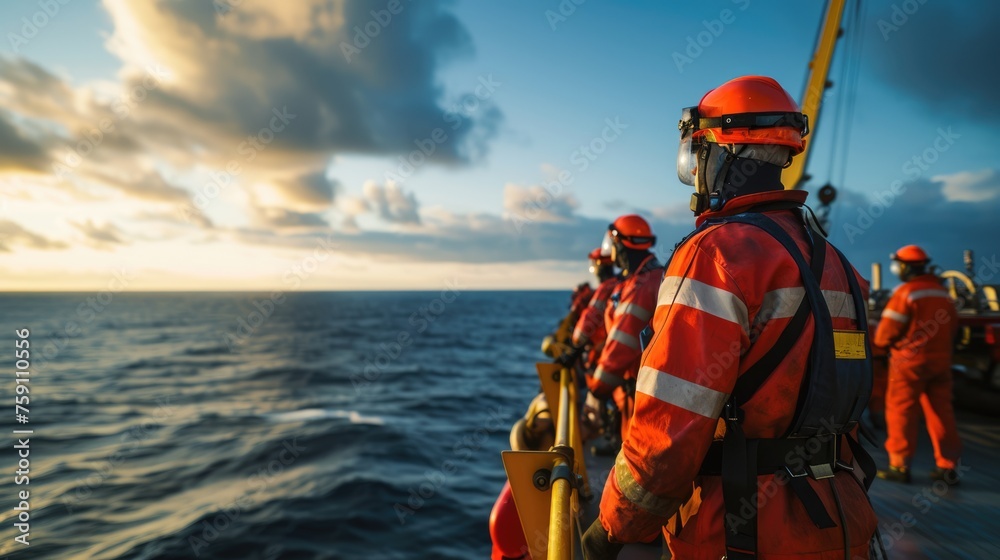 Oil workers, wearing helmets and personal protective equipment, stand ...