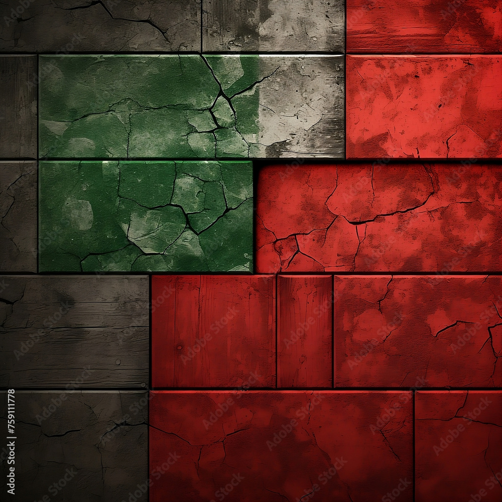 Red and green color blocks on a stone texture background of dark red ...