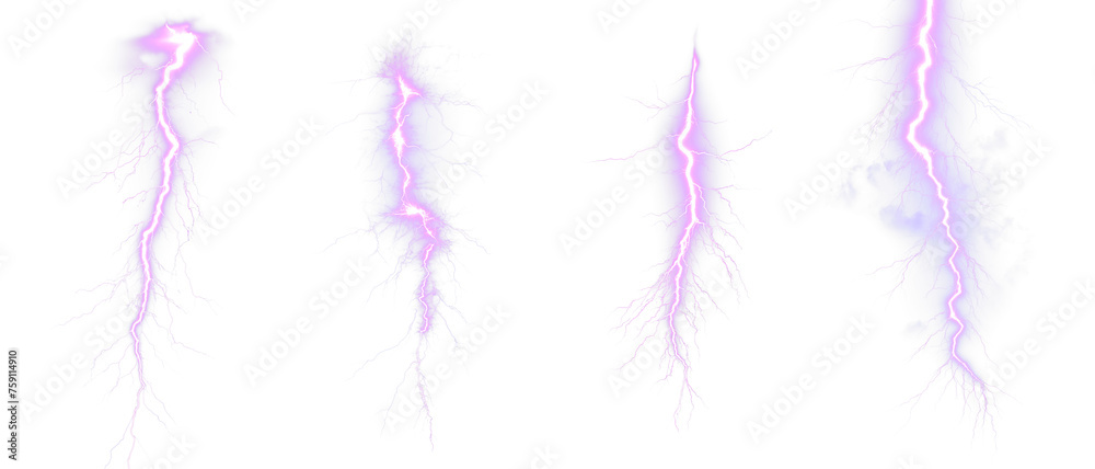 Purple Lightning bolt strike set. Isolated transparent background. Zeus, God, Jupiter, Thor ...