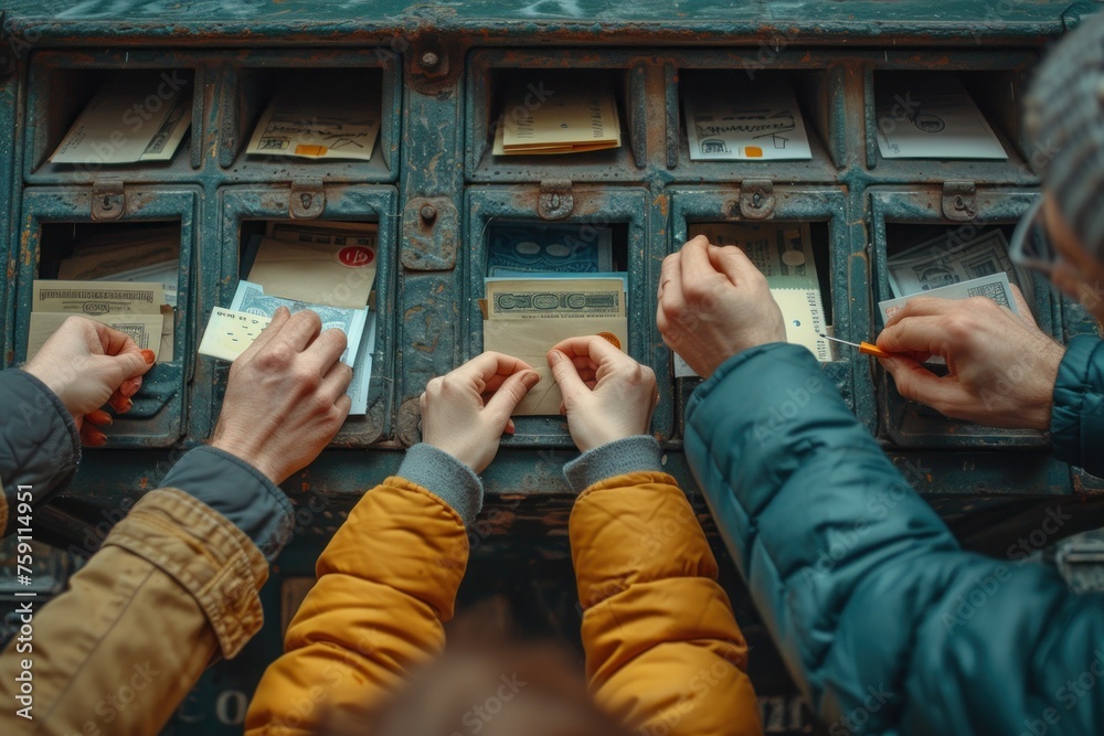 A montage of hands sealing envelopes, affixing stamps, and dropping ...