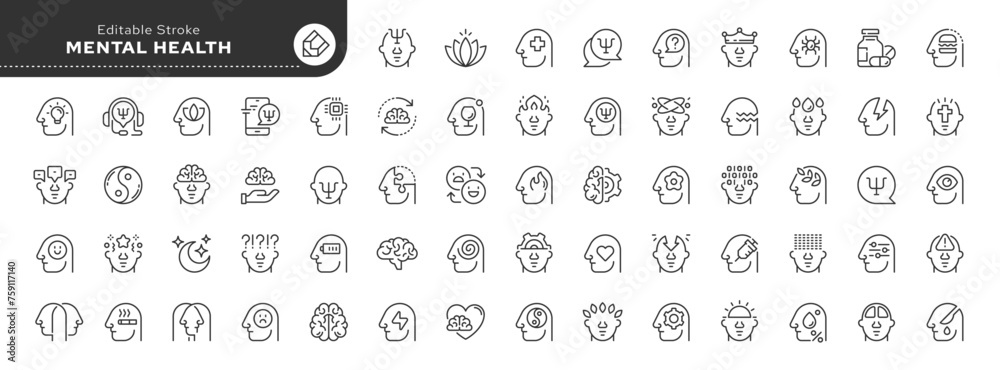 Set of line icons in linear style.Series-Mental health, psyche and psychology. Depression, panic ...