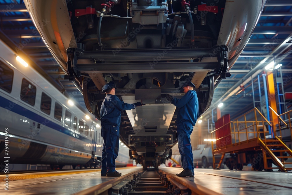 auto mechanic and apprentice, inspecting, undercarriage, high-speed ...