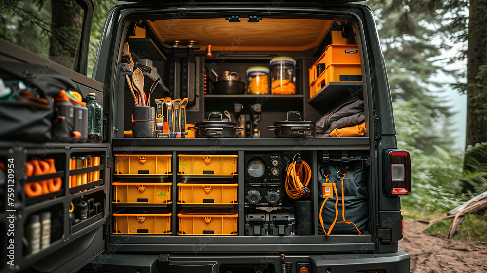 modular overland gear storage system inside a vehicle at forest ...