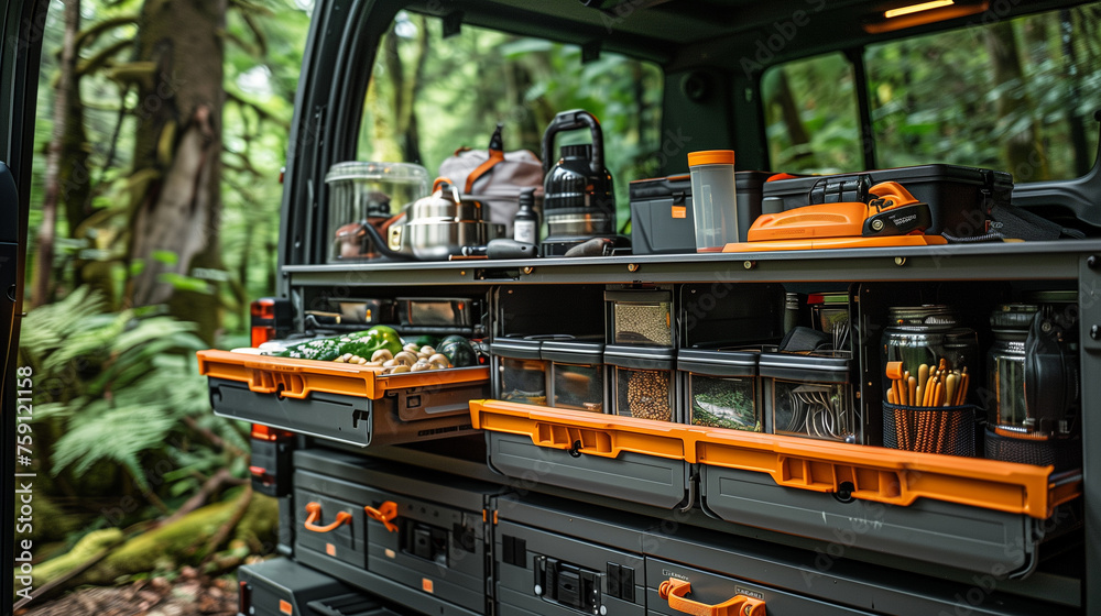 modular overland gear storage system inside a vehicle at forest ...