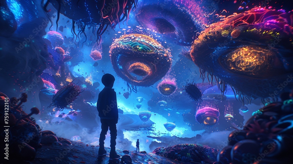 A young boy exploring an alien world surrounded by glowing sea ...