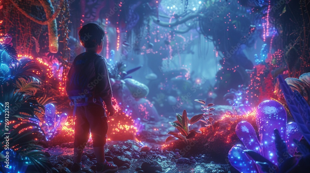 A young boy exploring an alien world surrounded by glowing sea ...