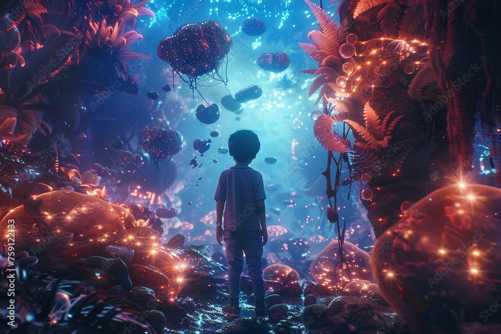 A young boy exploring an alien world surrounded by glowing sea ...