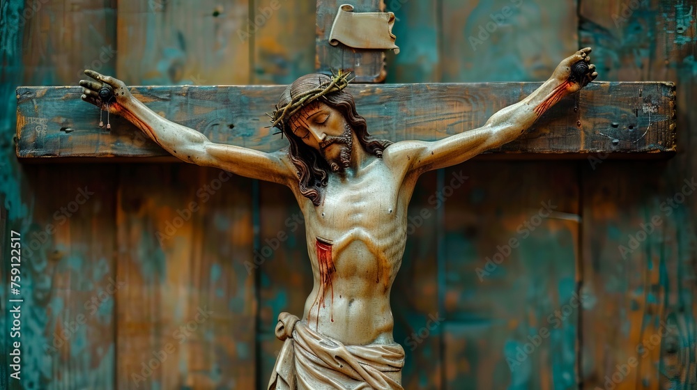 Crucified Jesus Christ, carved in wood. Sculpture of Christ on cross. Crucifix of the Savior ...