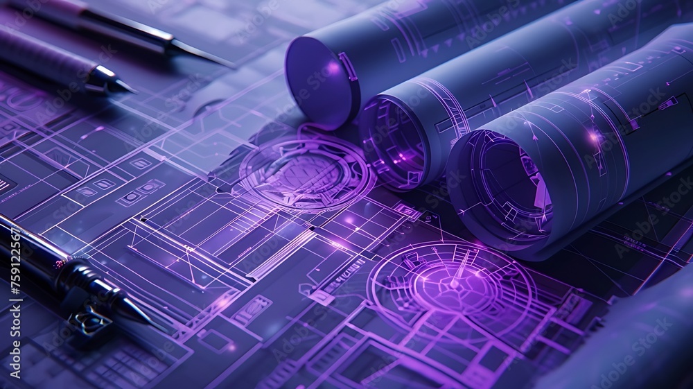 Architectural blueprint plan roll. Futuristic architect blueprint rolls ...