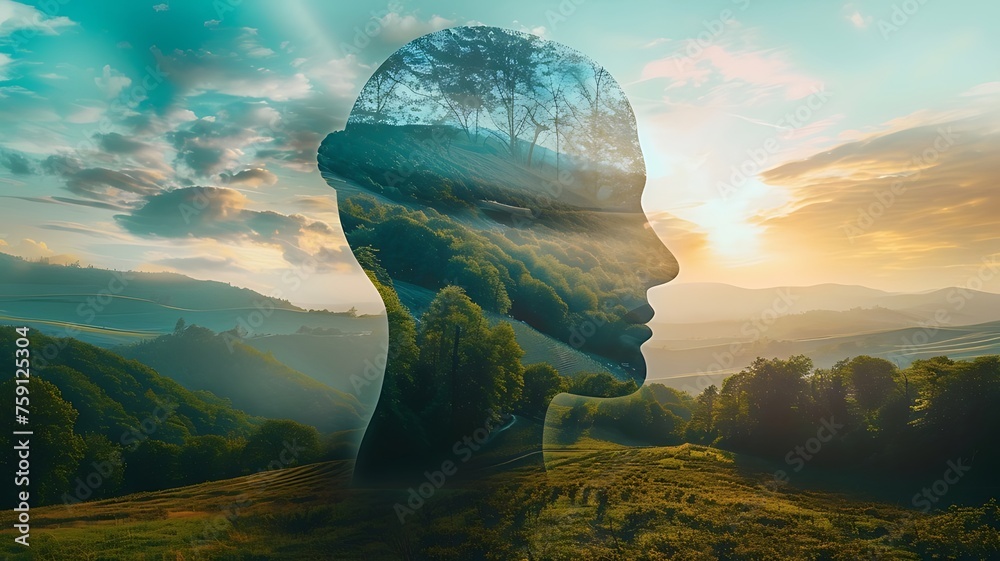 Outline of a human head containing a serene landscape background ...
