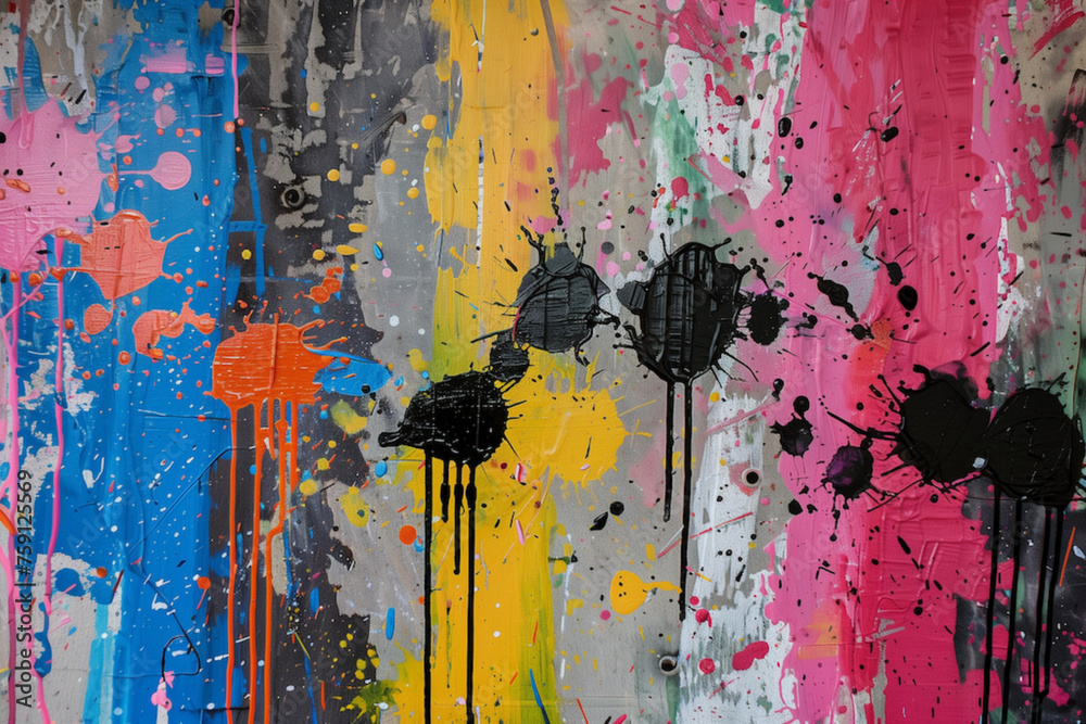 A colorful painting with splatters of paint on it. The colors are ...