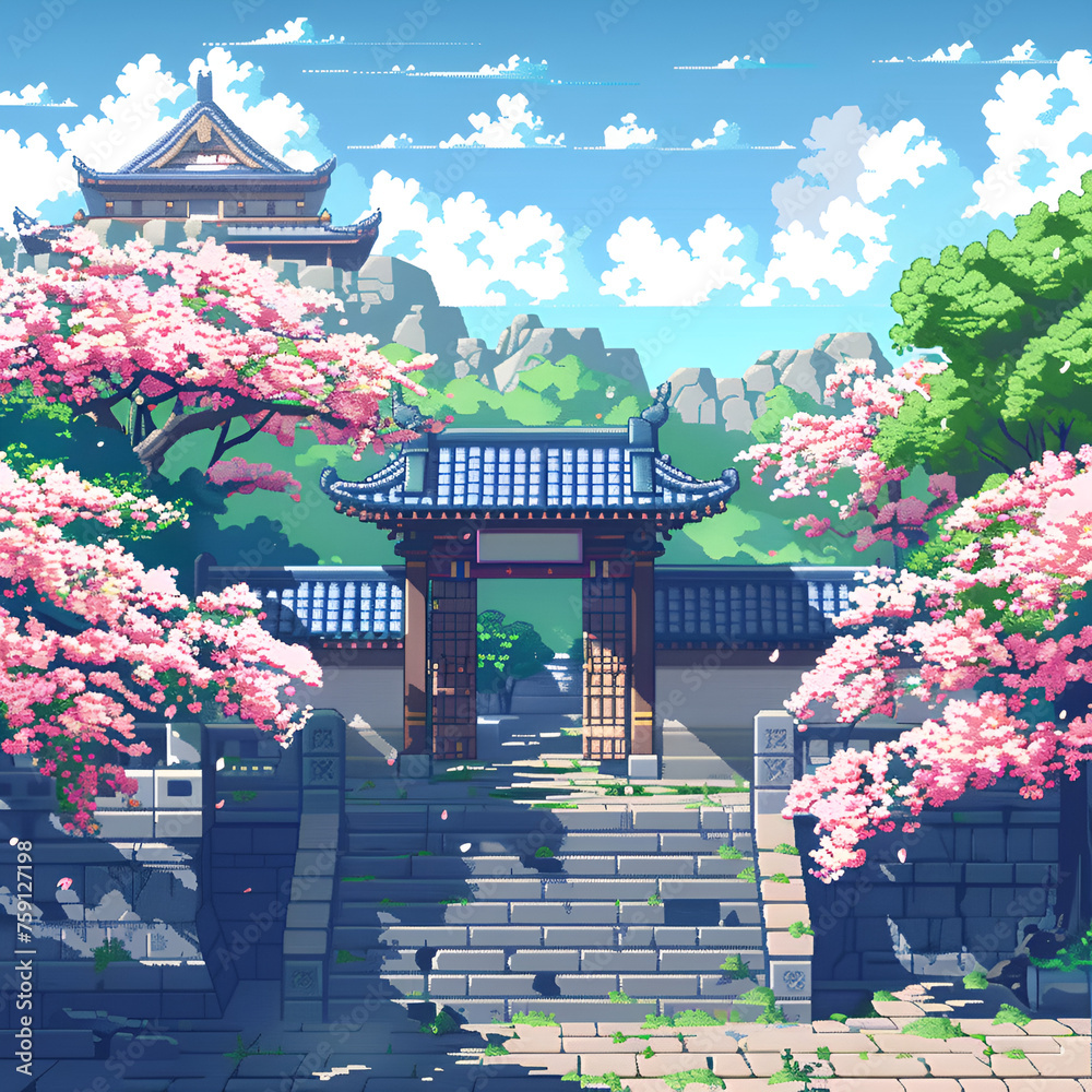 Enchanting pixel art, grand traditional Asian gateway, tranquil ...