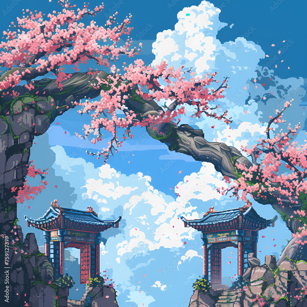 Enchanting pixel art scene presents an ethereal spring setting ...