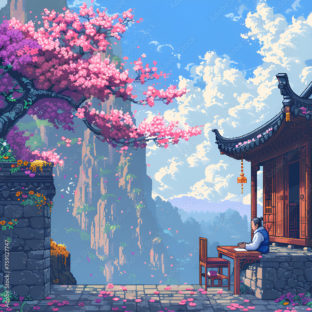 Pixel art style depicts a scene that exudes a sense of quiet ...