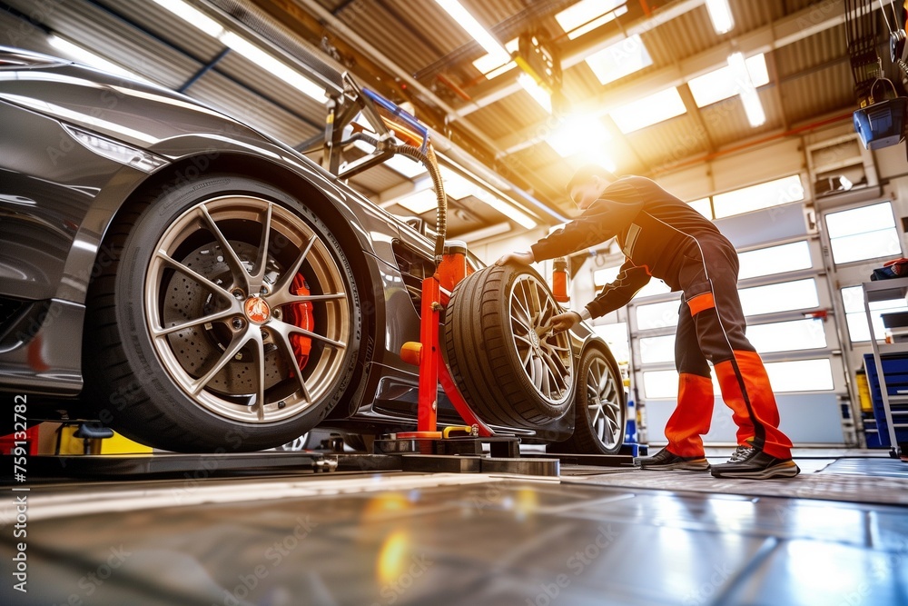 Expert auto mechanic in action, changing tires on a sports car with ...