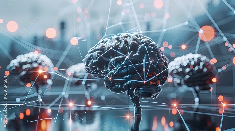 A multitude of human brains linked together by a glowing grid. The ...
