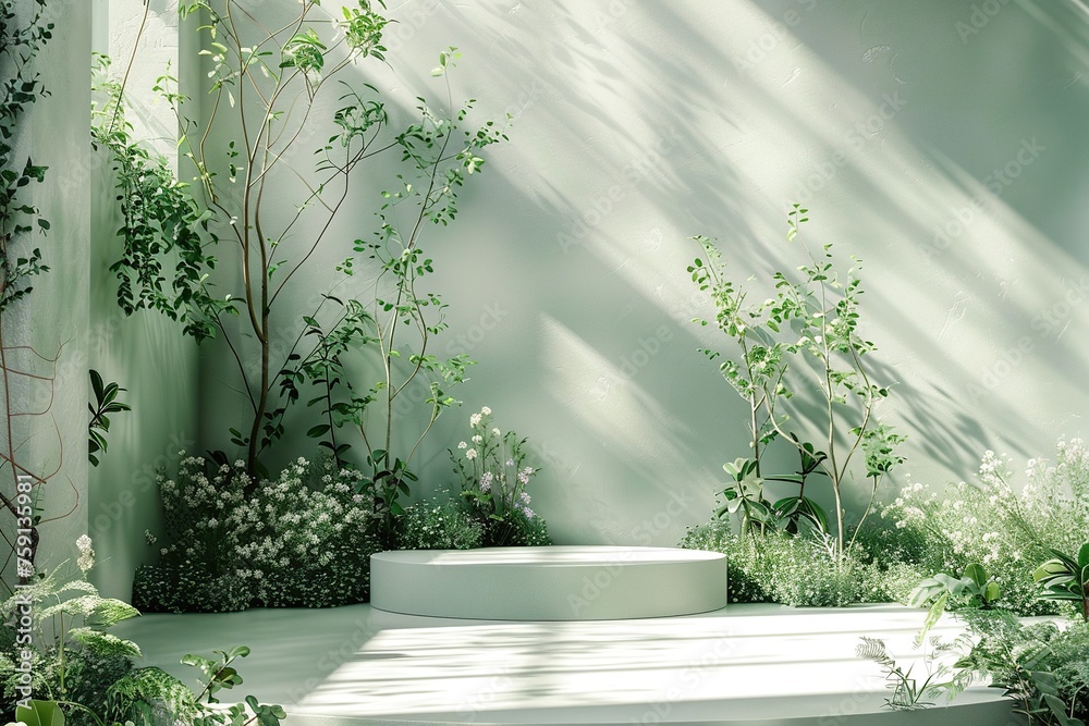 Greenery Theme empty backdrop and podium, A bright and airy botanical ...
