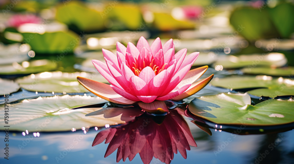 Three Red water lily or lotus flower Attraction in the pond of ...
