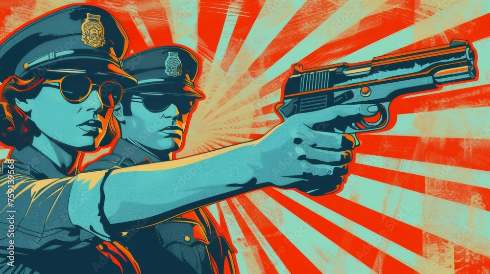 Vector illustration of male and female police officers with guns. Comic ...