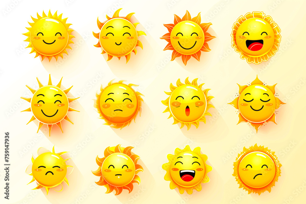 Cute suns. Sunshine emoji, cute smiling faces. Summer sunlight ...