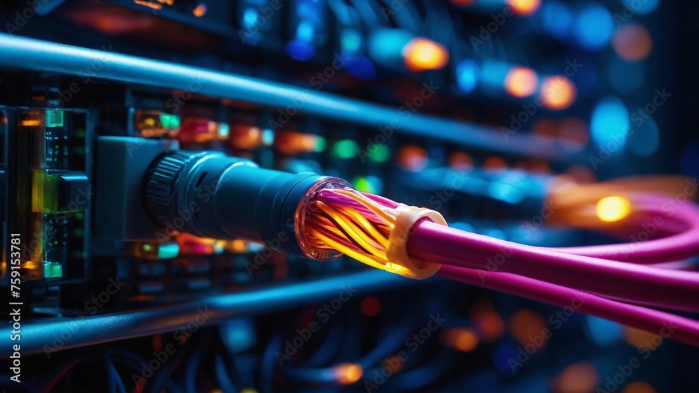 A network cable with flashing lights plugged into a server rack, symbolising data flow. Fibre ...
