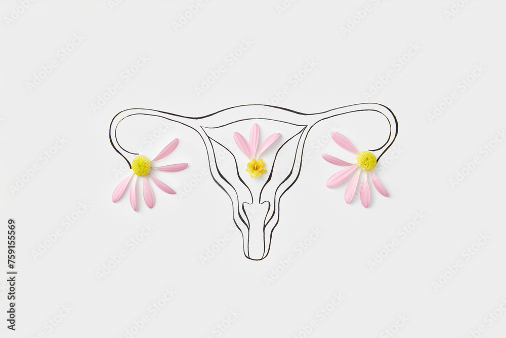 Lines drawing of female reproductive system decorated with flowers ...