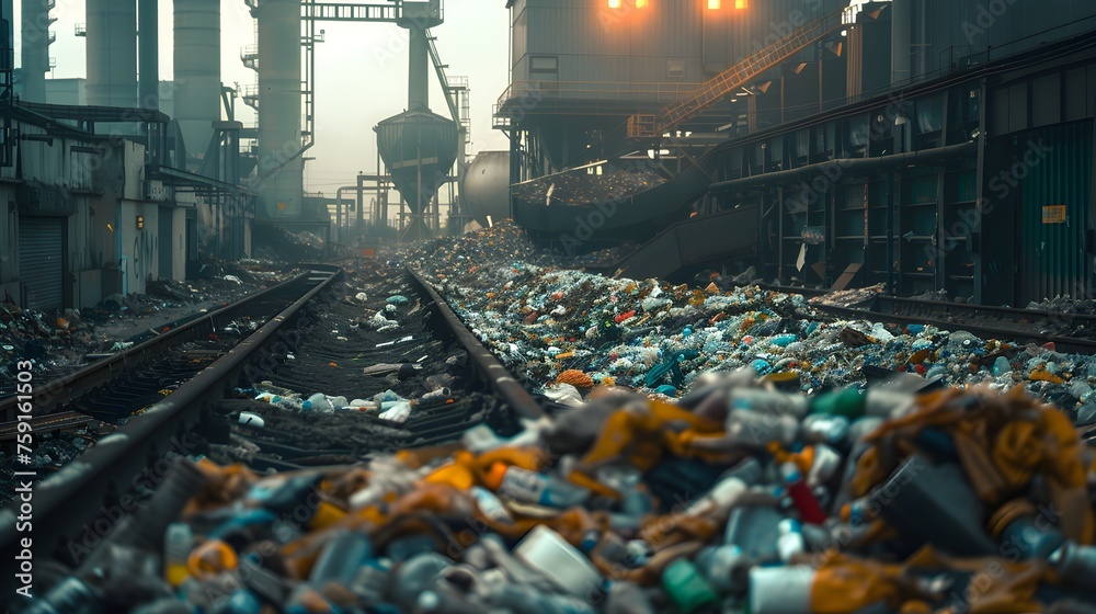 An industrial recycling facility conveyor belt loaded with mixed ...