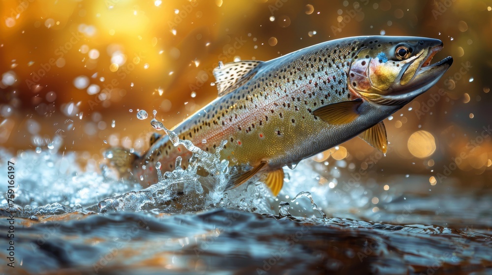 Rainbow trout jumping out of the water with a splash. Fish above water ...