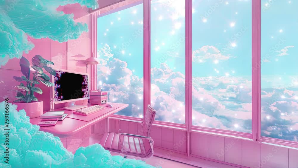 cute pink workstation in the sky with pink and blue clouds dreamy ...