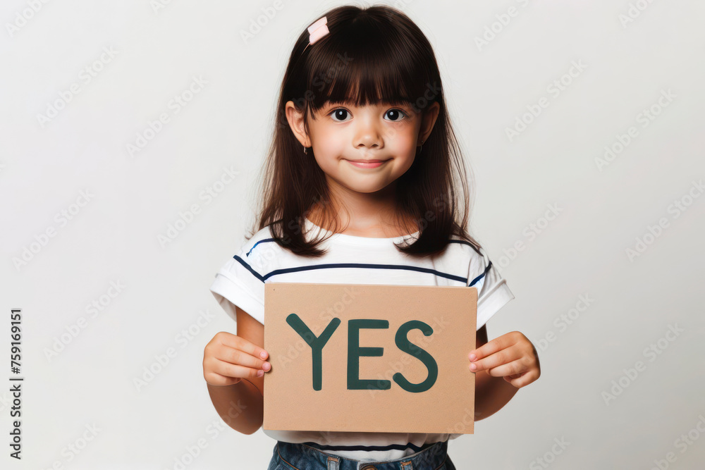 Young kid girl holding a sign with written word NO isolated on solid ...