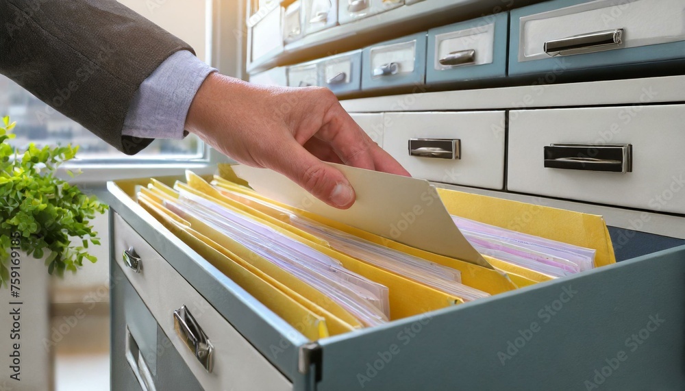 A hand is shown pulling a file from an organized open filing cabinet ...