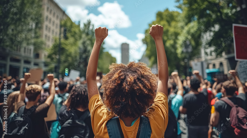 Protesting crowd of people walks down the street, shouting slogans and ...