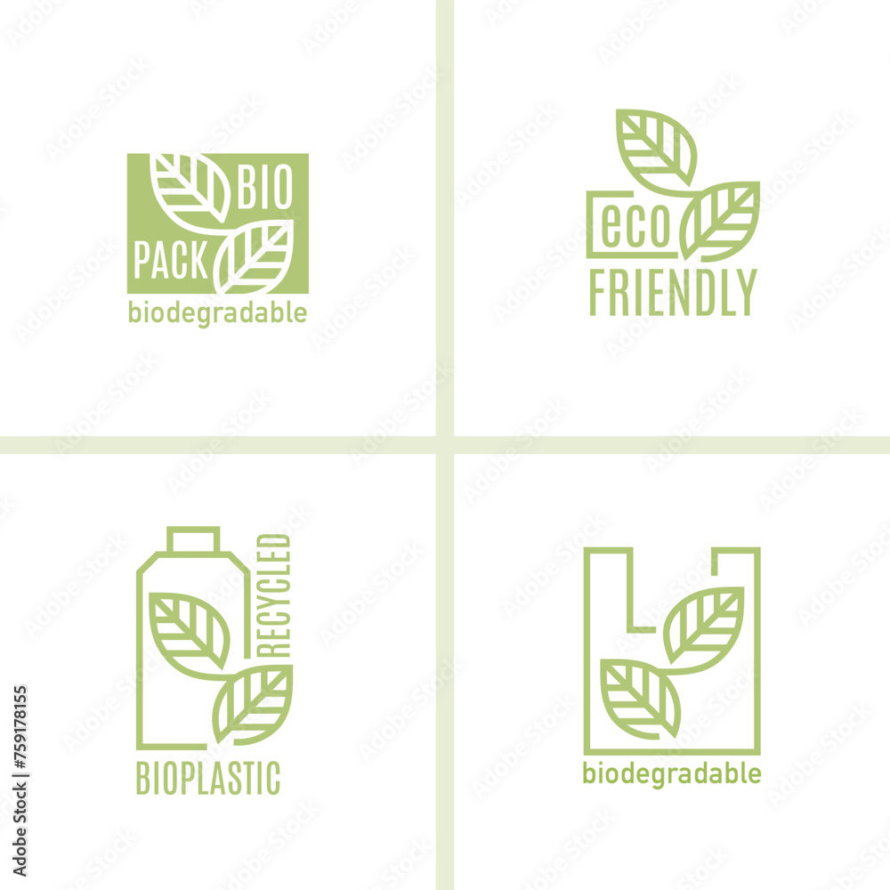Eco boxes, bottles and bags with green leaf icons. Set of biodegradable ...