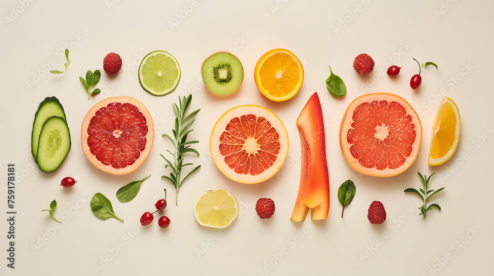 A flatlay composition of a variety of colorful fruits and vegetables ...