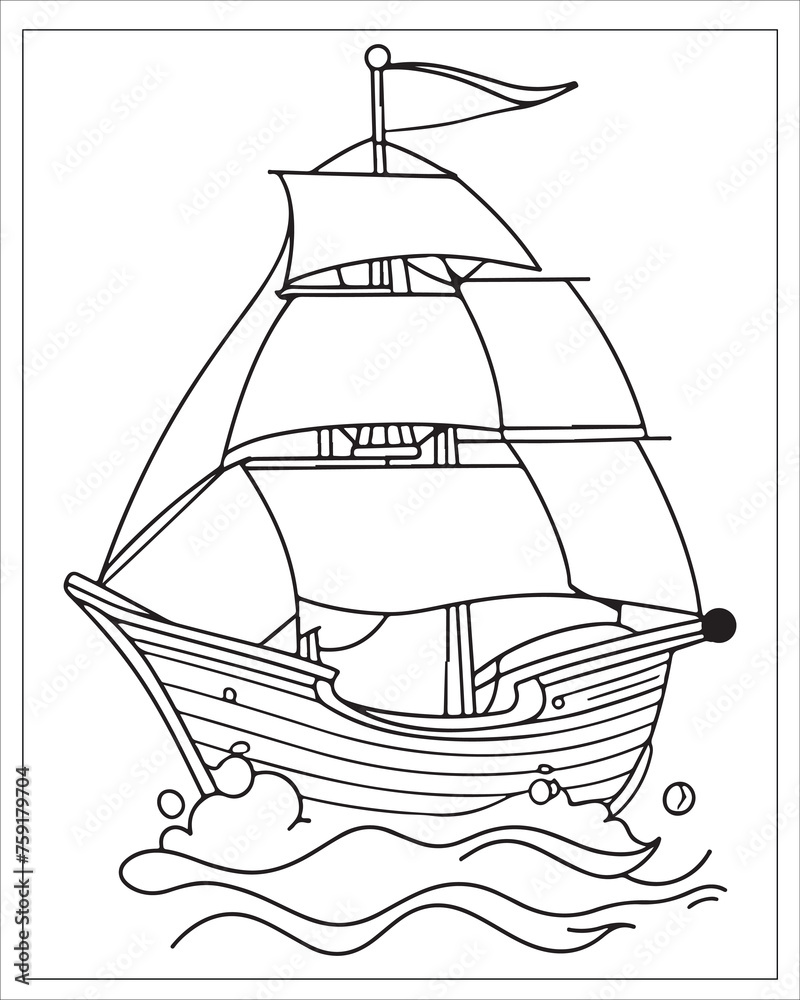 Pirate Ship Coloring Pages, Ship Vector, black and white ship ...