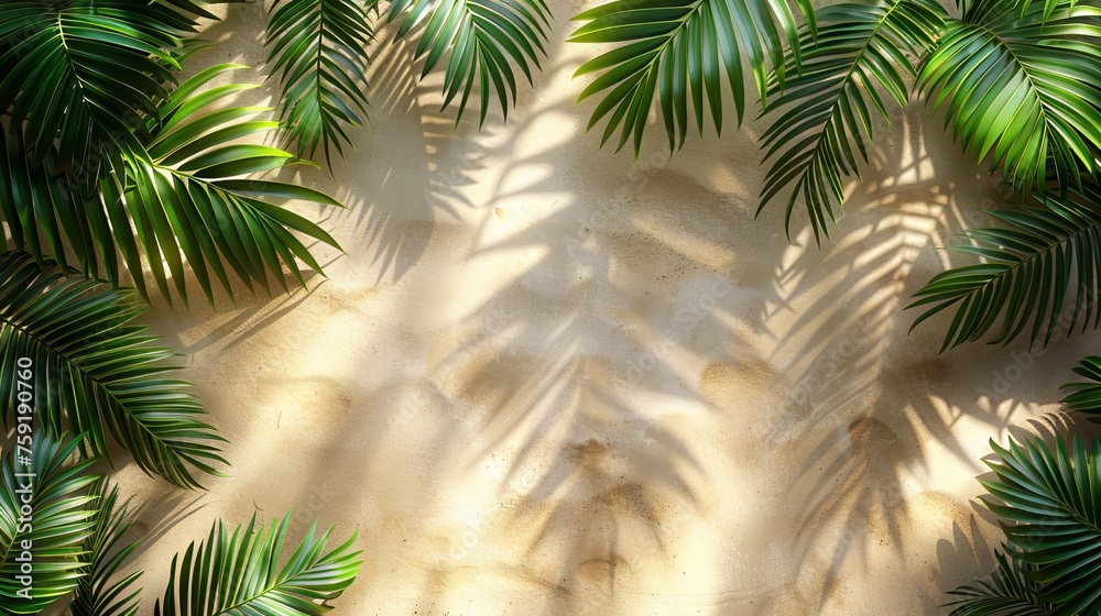 Light bokeh shadow on sand background viewed from above. Flat lay with ...