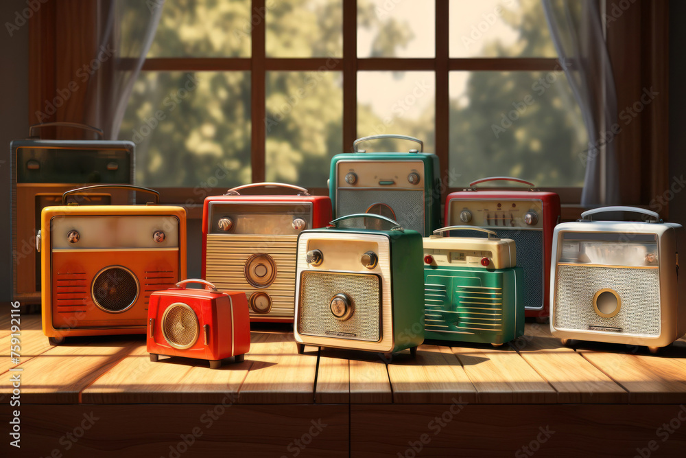 Vintage radio collection on the table. Retro broadcast radio. Old retro ...