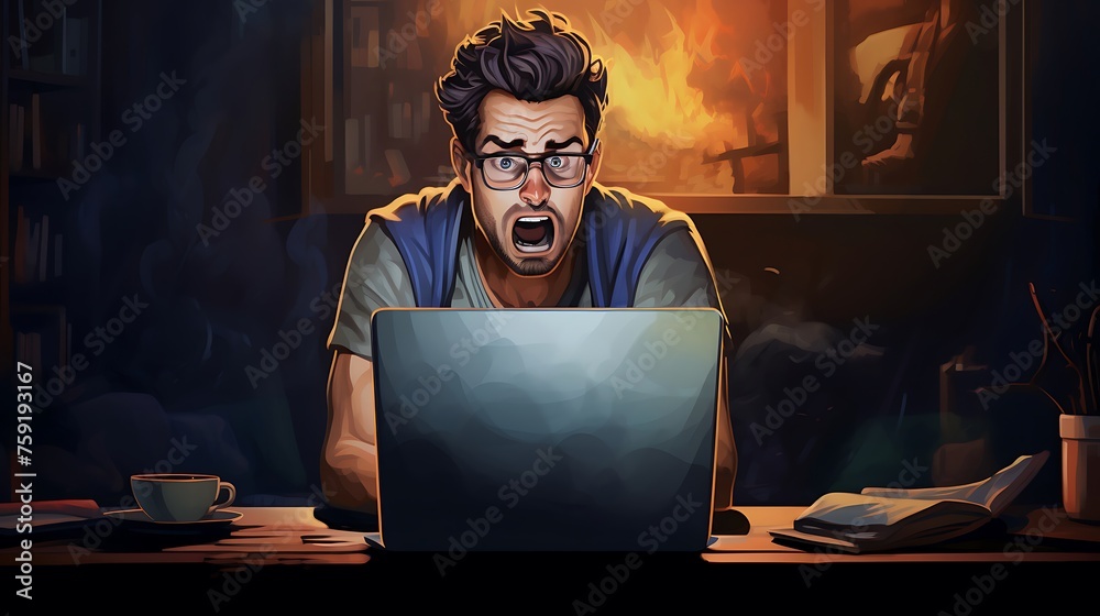 person with laptop. man working on a computer. Frustrated and worried ...