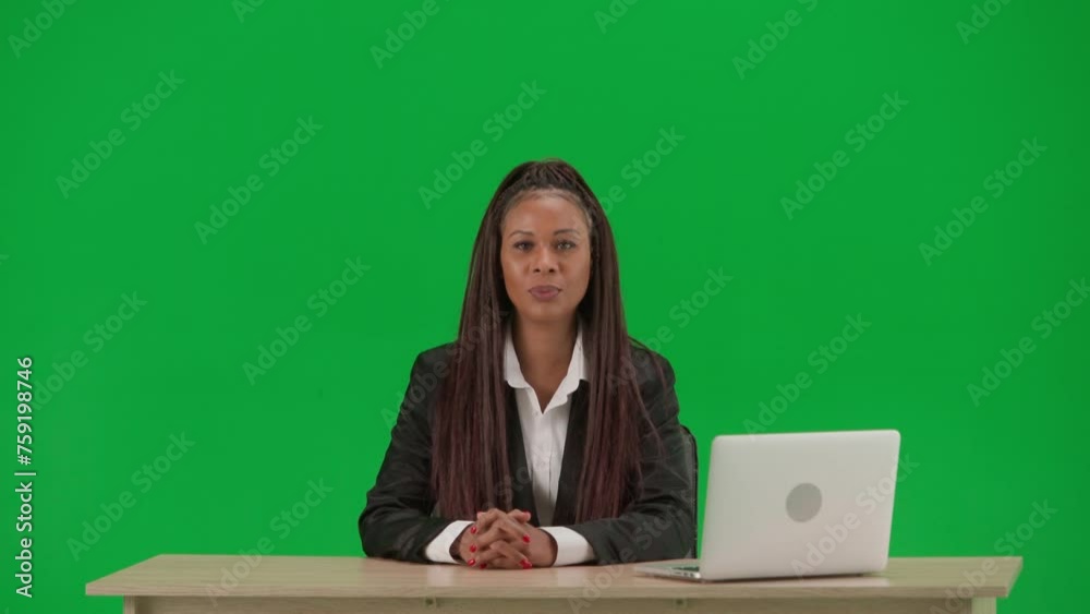Female reporter isolated on chroma key green screen background. African ...