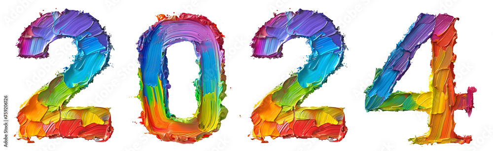 Rainbow color paint brushed Number 2024 for new year celebration on ...