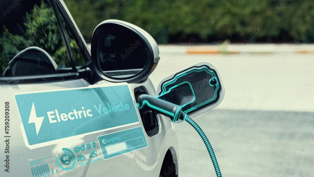 Electric car recharge with EV charger at futuristic car park ...