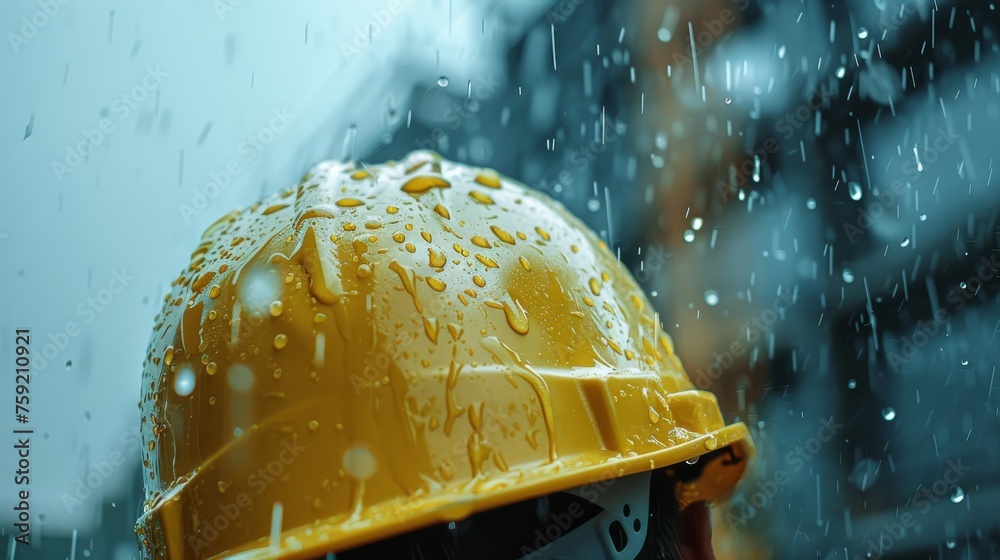 Rain-drenched yellow hard hat in a monochromatic setting. Construction ...