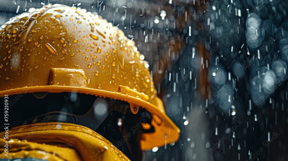 Wet yellow safety helmet in the rain close-up. Water droplets on ...