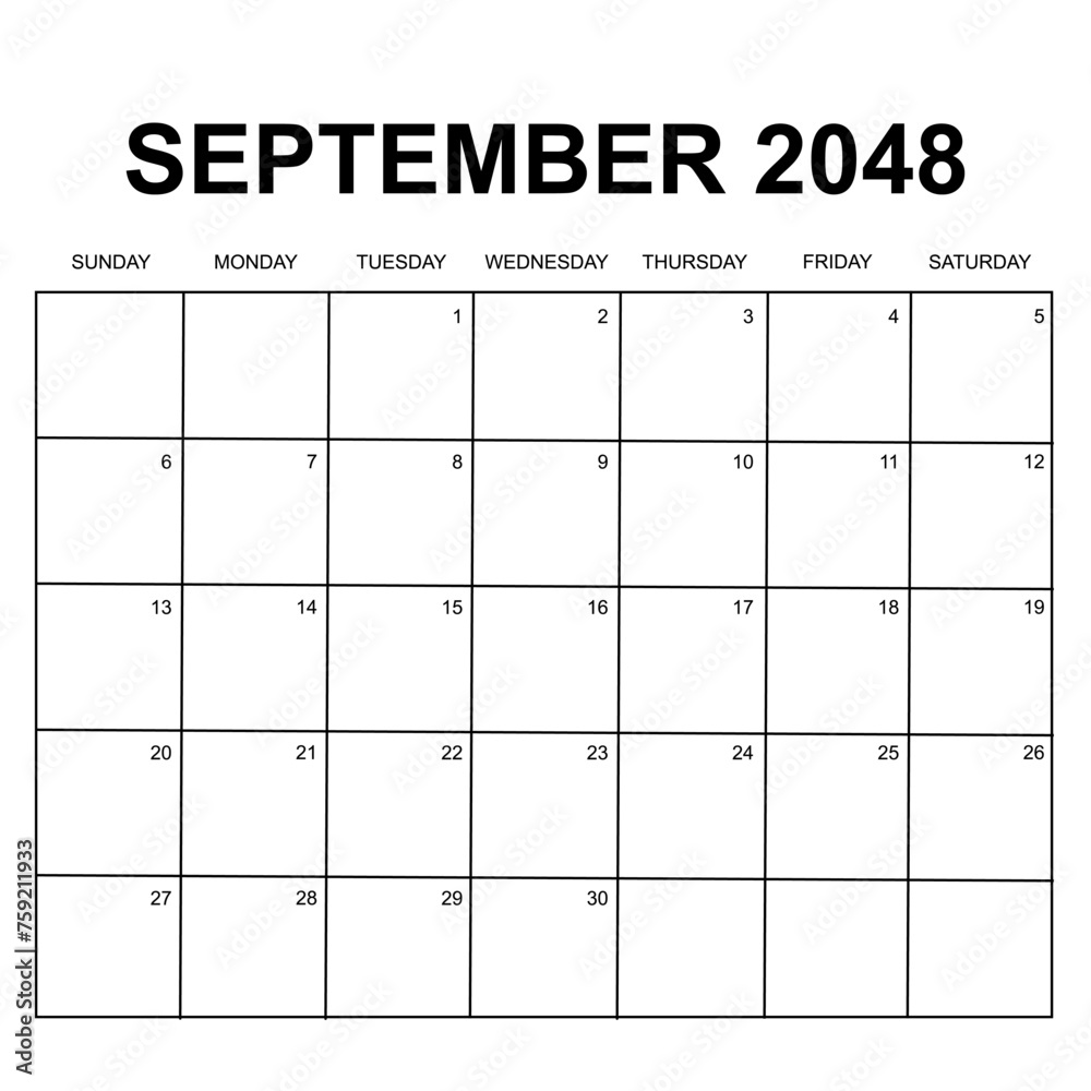 september 2048. monthly calendar design. week starts on sunday ...