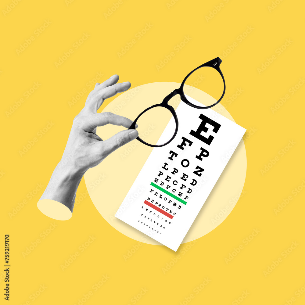 Optical vision of sight, glasses, hand with glasses, examination, sight ...